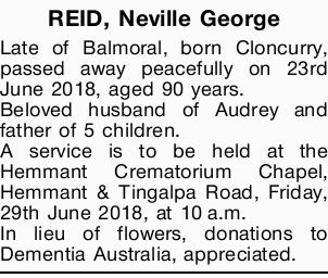 REID, Neville George | Death Notices | Brisbane | My Tributes