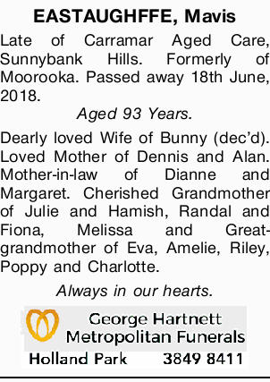 EASTAUGHFFE, Mavis | Death Notices | Brisbane | My Tributes