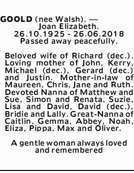 GOOLD Joan Elizabeth | Death Notices | Melbourne | My Tributes
