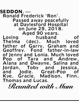 SEDDON, Ronald Frederick 'Ron' | Death Notices | Melbourne | My Tributes