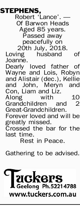 STEPHENS. _ Robert `Lance'. | Death Notices | Melbourne | My Tributes
