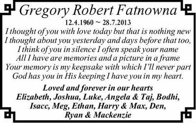 Gregory Robert Fatnowna | Tributes | Mackay | My Tributes