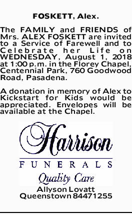 FOSKETT, Alex | Funeral Notices | Adelaide | My Tributes