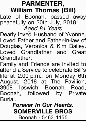 PARMENTER, William Thomas 'Bill' | Funeral Notices | All Locations ...