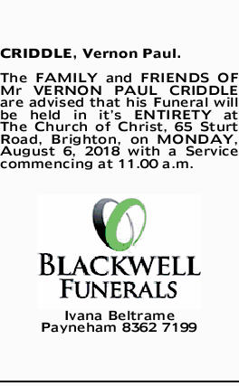 CRIDDLE, Vernon Paul. | Funeral Notices | Adelaide | My Tributes