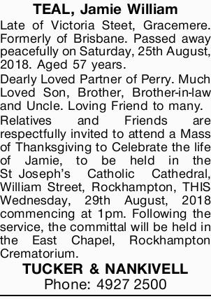 TEAL, Jamie William | Funeral Notices | All Locations, Brisbane | My ...