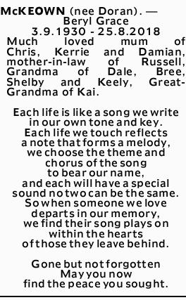 McKEOWN (nee Doran), Beryl Grace | Death Notices | Melbourne | My Tributes