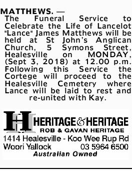 MATTHEWS. - | Funeral Notices | Melbourne | My Tributes