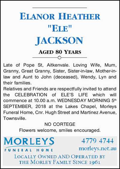 ELEANOR HEATHER "ELE" JACKSON | Funeral Notices | Brisbane, Townsville ...