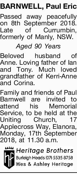 BARNWELL, Paul Eric | Funeral Notices | Gold Coast | My Tributes