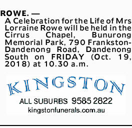 ROWE, LORRAINE | Funeral Notices | Melbourne | My Tributes