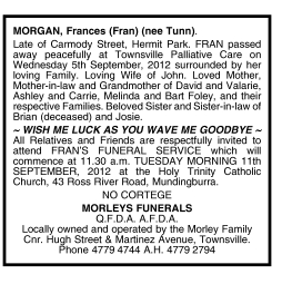 MORGAN, Frances | Death Notices | Townsville | My Tributes