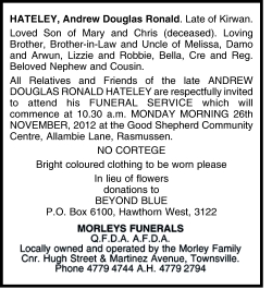 HATELEY, Andrew Douglas Ronald | Death Notices | Townsville | My Tributes