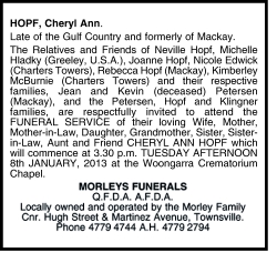 HOPF, Cheryl Ann | Death Notices | Townsville | My Tributes