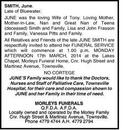 SMITH, June. | Funeral Notices | Townsville | My Tributes