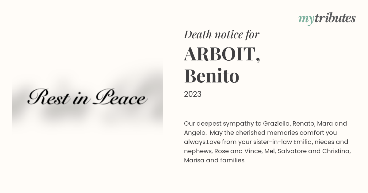 ARBOIT, Benito | Death Notices | Adelaide | My Tributes