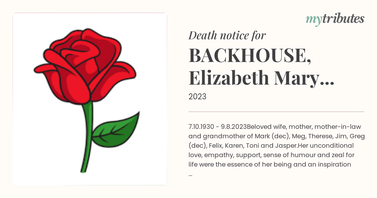 BACKHOUSE, Elizabeth Mary (Bette) | Death Notices | Adelaide | My Tributes