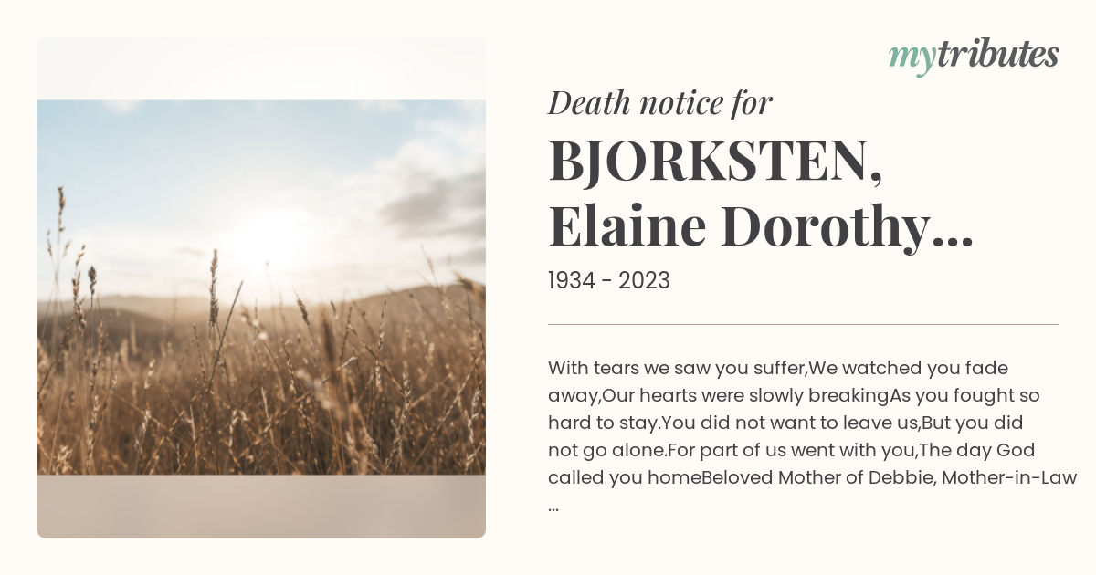 BJORKSTEN, Elaine Dorothy nee parr | Death Notices | Melbourne | My ...