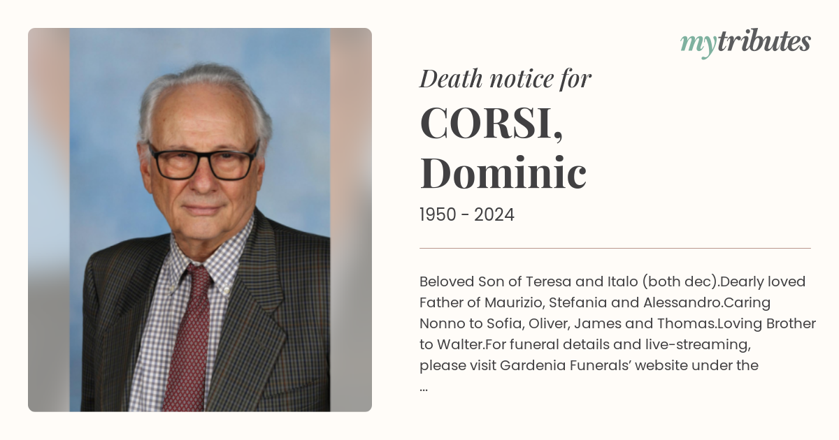 CORSI, Dominic | Death Notices | Melbourne | My Tributes