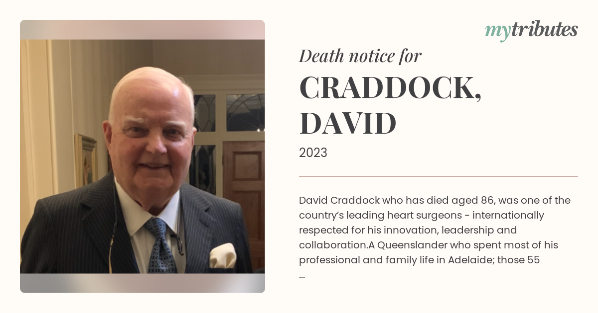 CRADDOCK, DAVID | Death Notices | Adelaide | The Advertiser