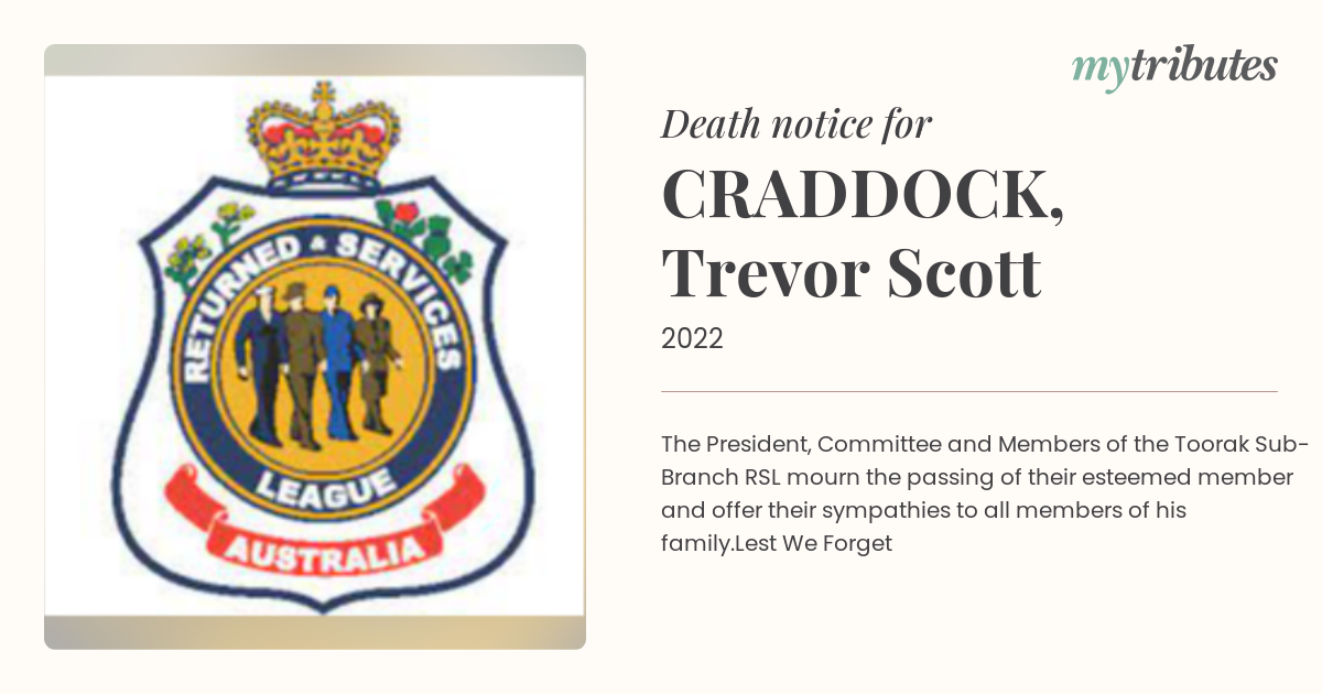 CRADDOCK, Trevor Scott | Death Notices | Melbourne | My Tributes
