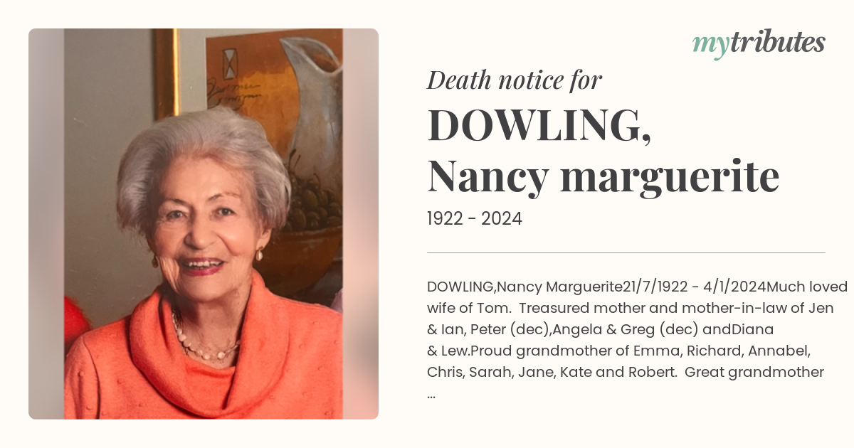 DOWLING, Nancy marguerite | Death Notices | Melbourne | My Tributes