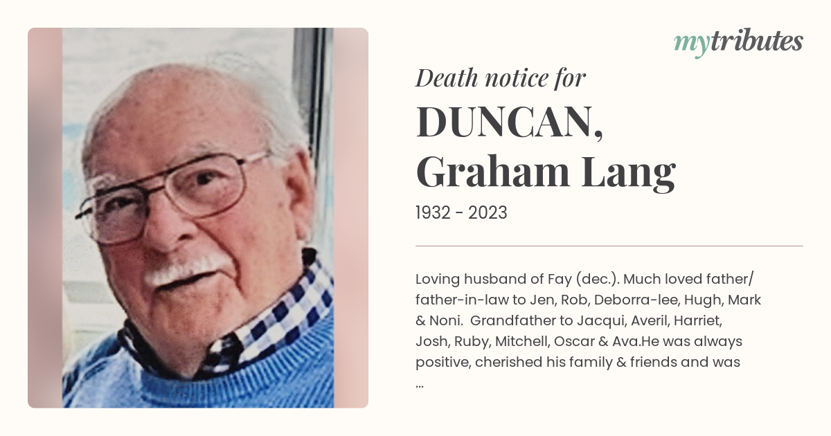 DUNCAN, Graham Lang | Death Notices | Melbourne | My Tributes