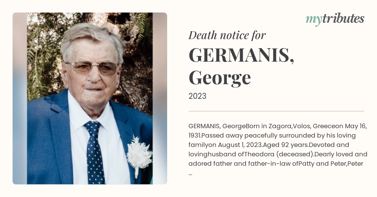 GERMANIS, George | Death Notices | Adelaide | My Tributes