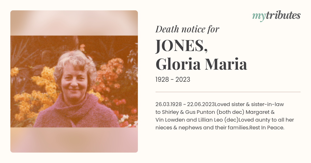 JONES, Gloria Maria | Death Notices | Melbourne | My Tributes
