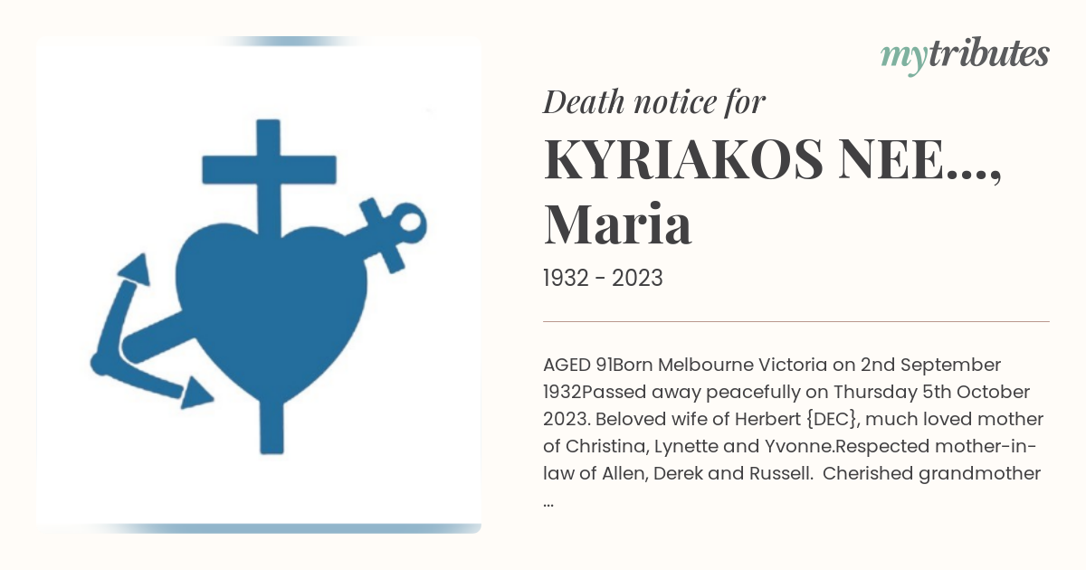 KYRIAKOS NEE MANGOS, Maria | Death Notices | Melbourne | My Tributes