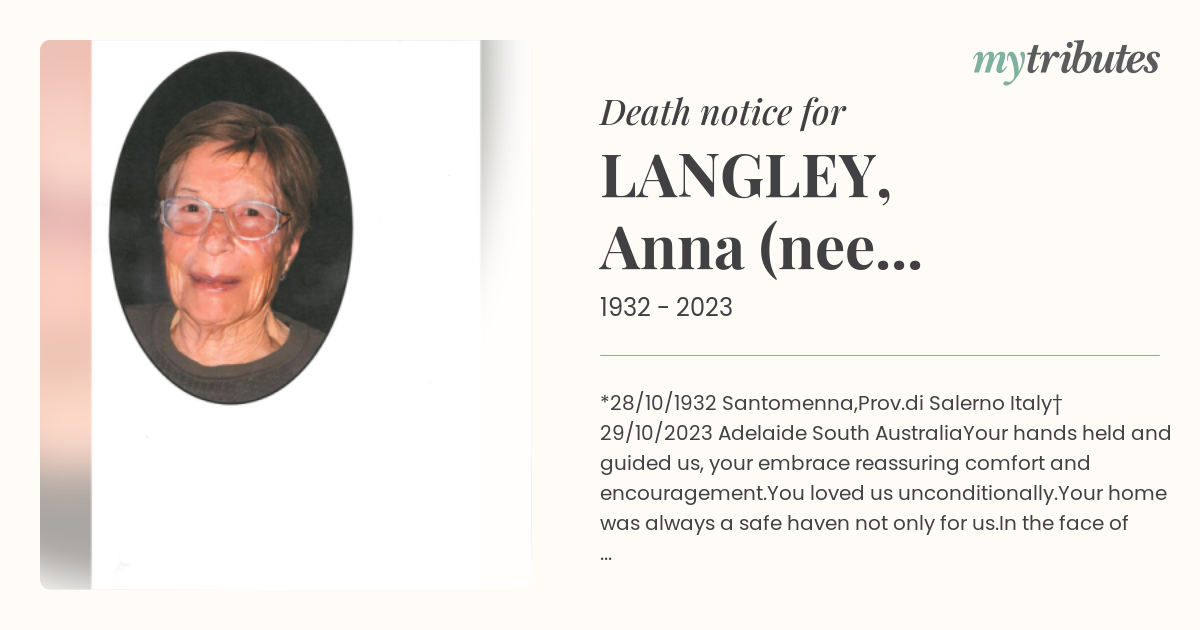 LANGLEY, Anna (nee Torsiello) | Death Notices | Adelaide | My Tributes