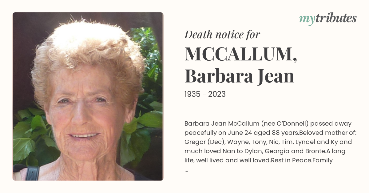 MCCALLUM, Barbara Jean | Death Notices | Melbourne | My Tributes