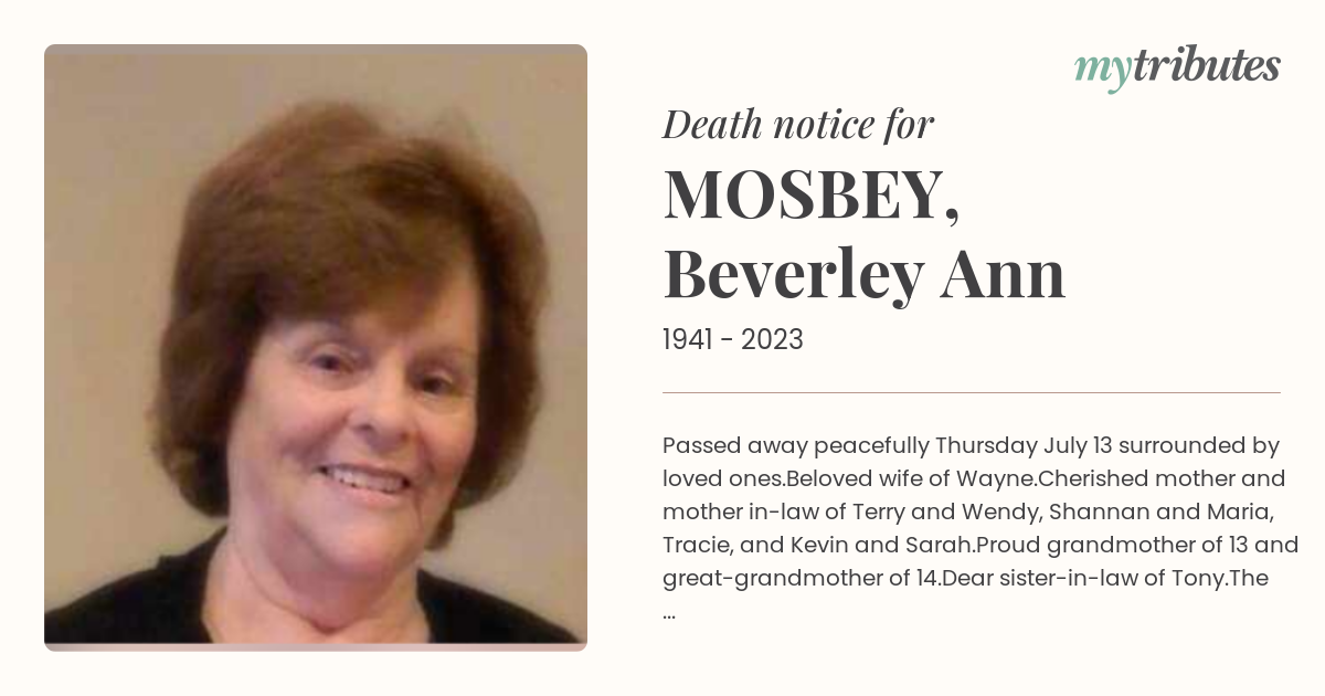 MOSBEY, Beverley Ann | Death Notices | Adelaide | My Tributes