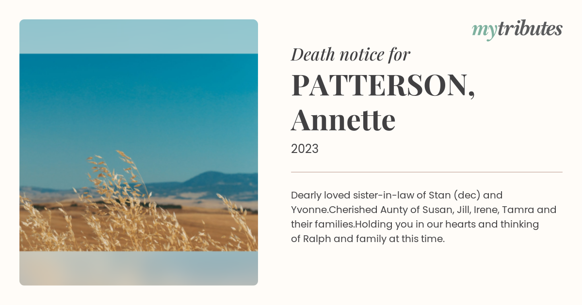 PATTERSON, Annette | Death Notices | Adelaide | My Tributes