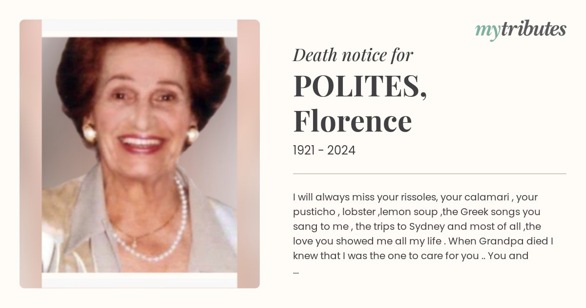 POLITES, Florence | Death Notices | | The Courier Mail