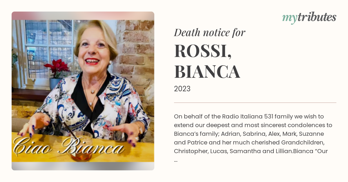 ROSSI, BIANCA | Death Notices | Adelaide | My Tributes