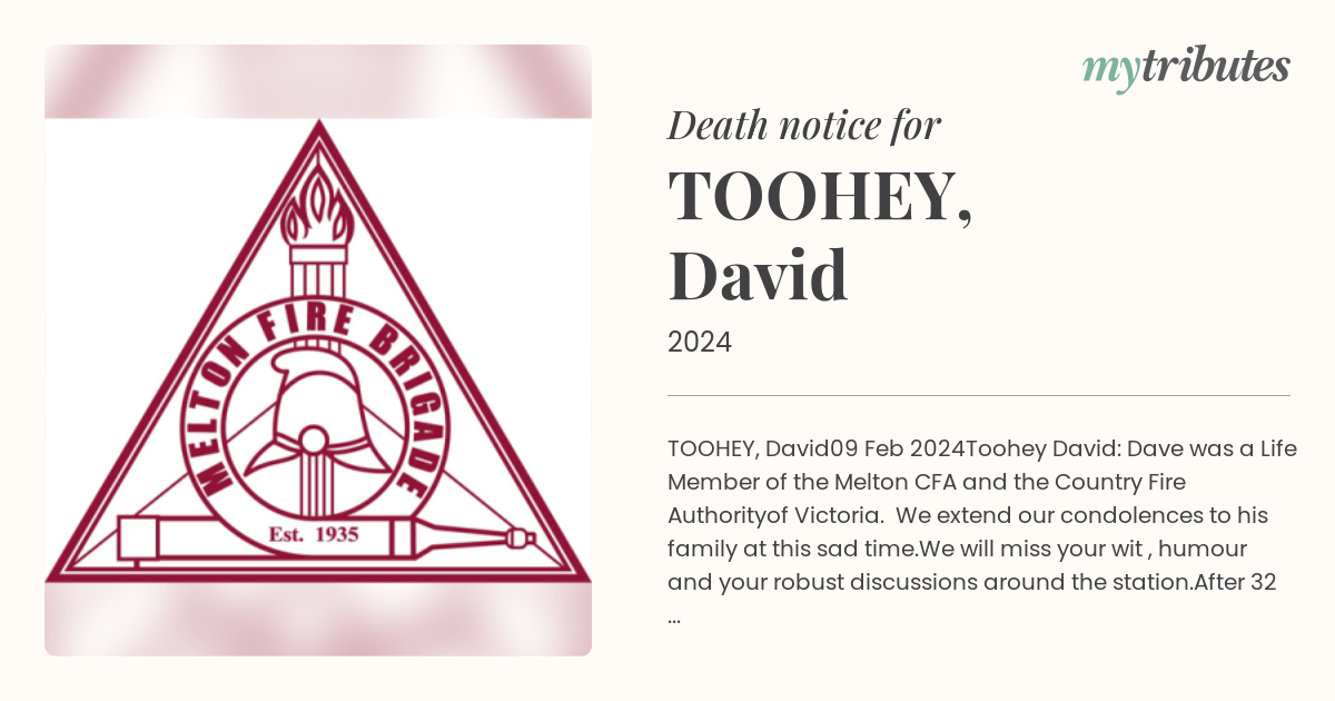 TOOHEY, David | Death Notices | Melbourne | My Tributes