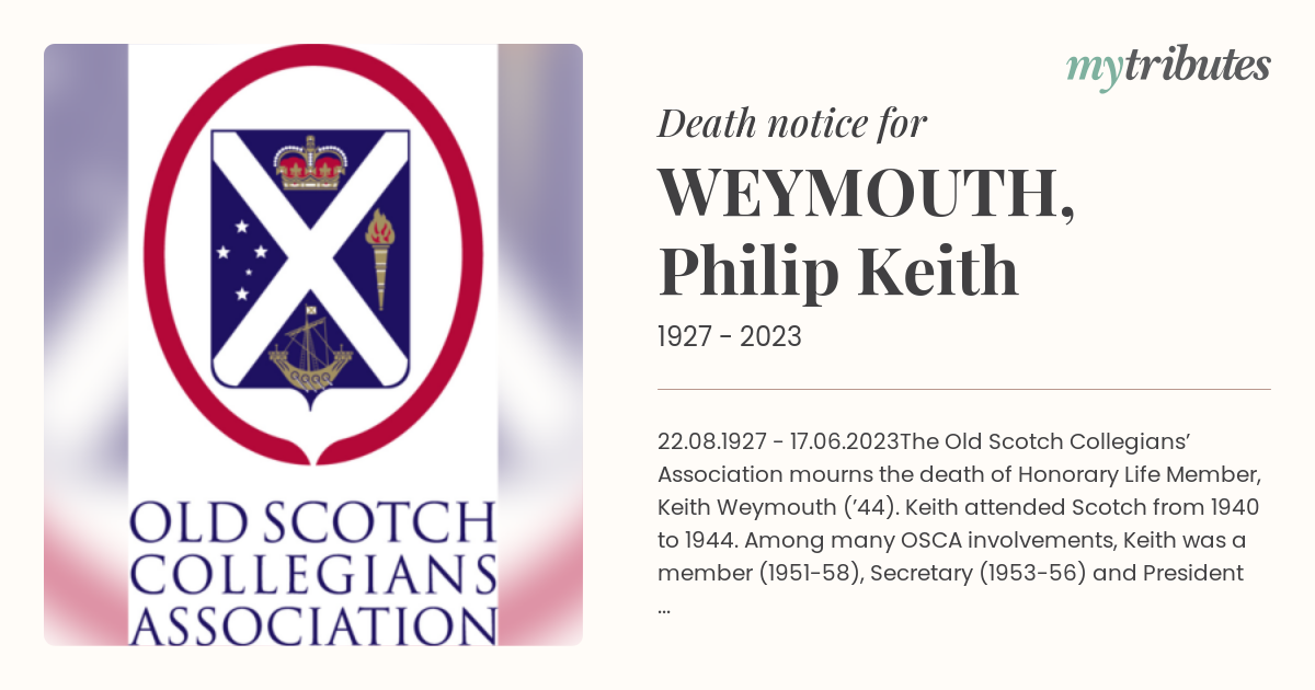 WEYMOUTH, Philip Keith | Death Notices | Melbourne | My Tributes