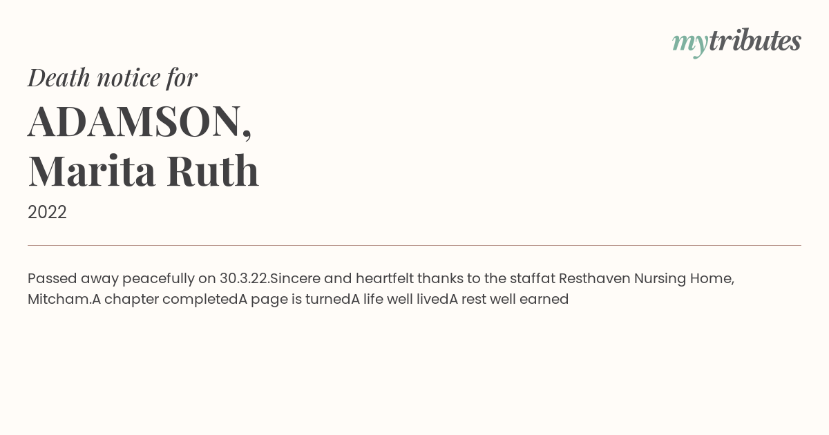 ADAMSON, Marita Ruth | Death Notices | Adelaide | My Tributes