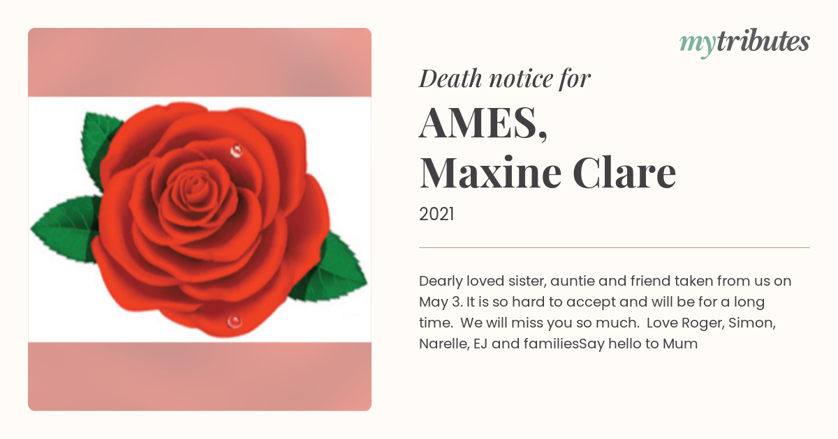 AMES, Maxine Clare | Death Notices | Adelaide | My Tributes