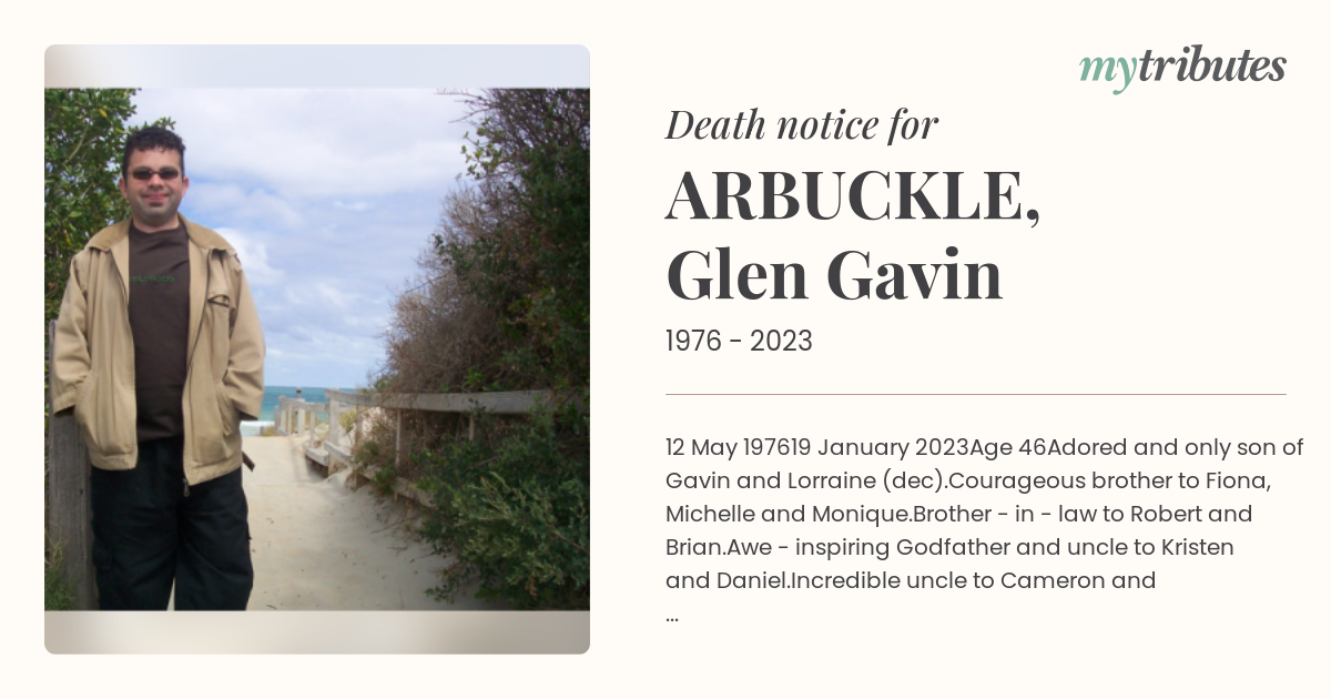 ARBUCKLE, Glen Gavin | Death Notices | Melbourne | My Tributes