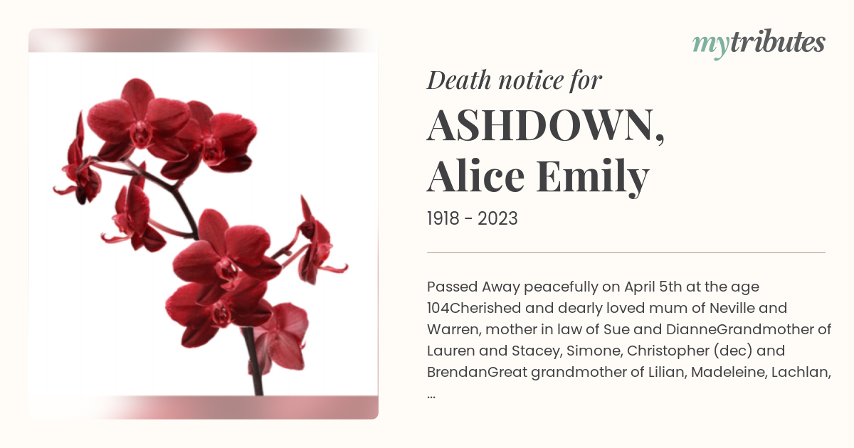 ASHDOWN, Alice Emily | Death Notices | Melbourne | My Tributes