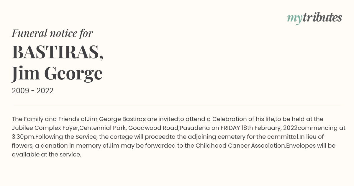 BASTIRAS, Jim George | Funeral Notices | Adelaide | Weekly Times Now