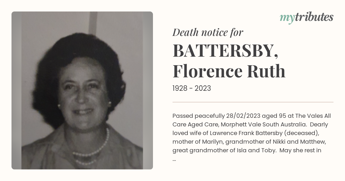 BATTERSBY, Florence Ruth | Death Notices | Adelaide | My Tributes
