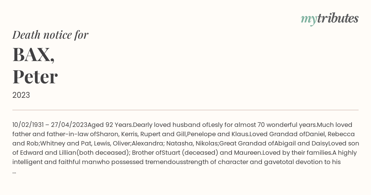 BAX, Peter | Death Notices | Adelaide | My Tributes