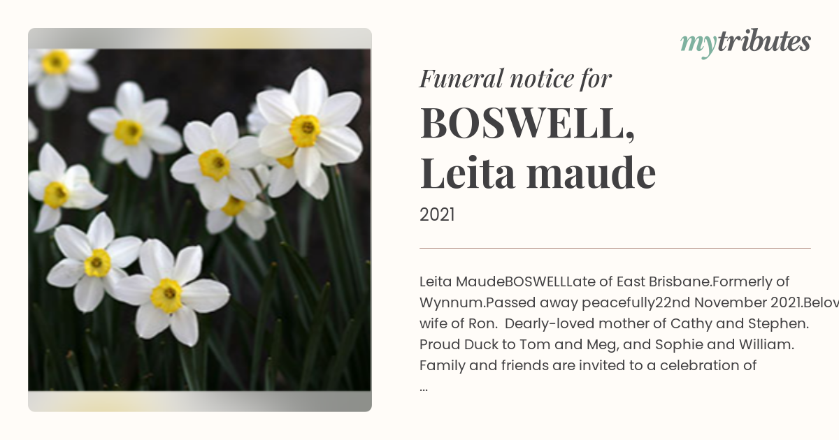 BOSWELL, Leita Maude | Funeral Notices | Brisbane | The Courier Mail
