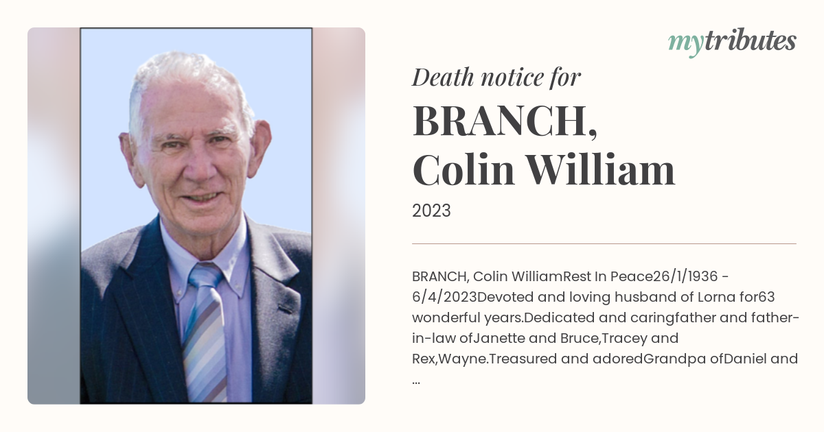 BRANCH, Colin William | Death Notices | Adelaide | My Tributes