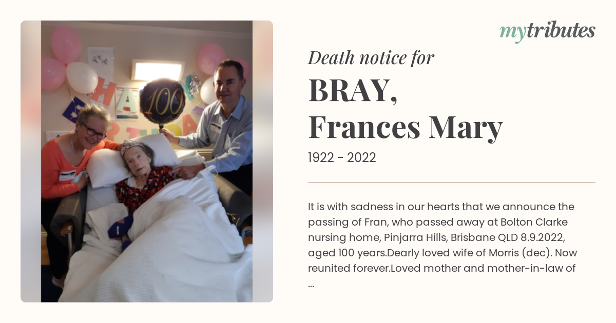 BRAY, Frances Mary | Death Notices | Adelaide | My Tributes