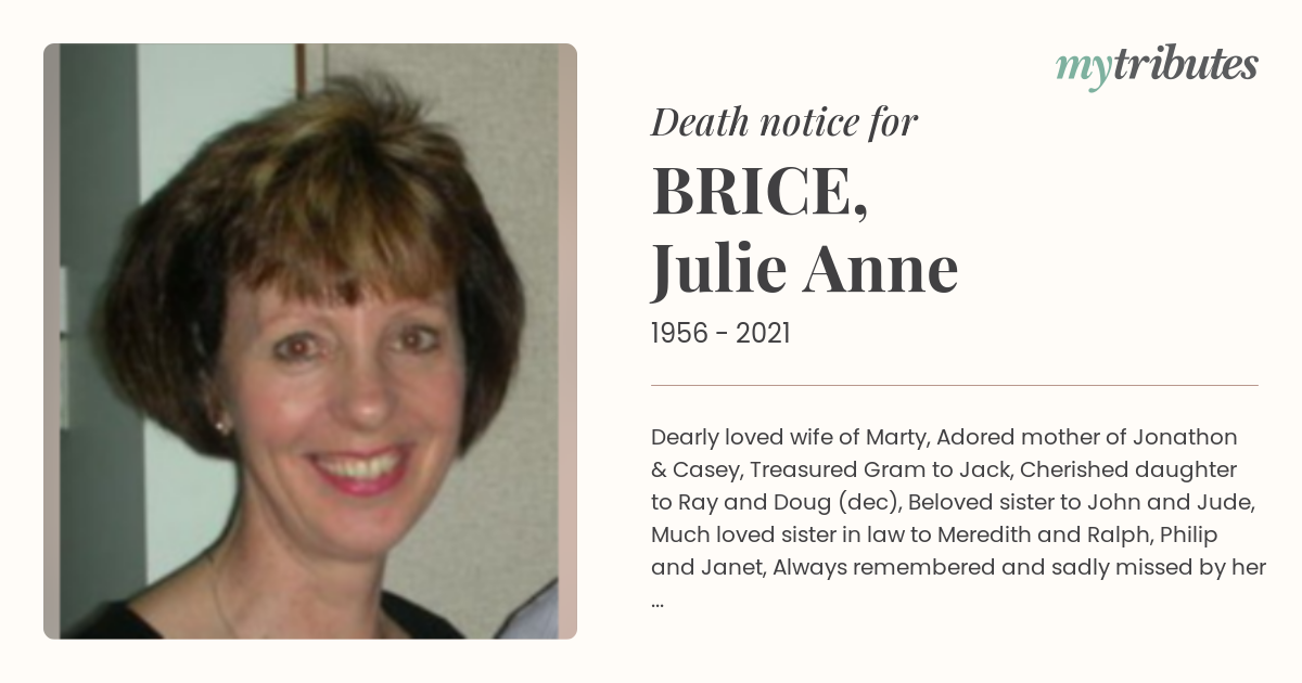 BRICE, Julie Anne | Death Notices | Adelaide | My Tributes
