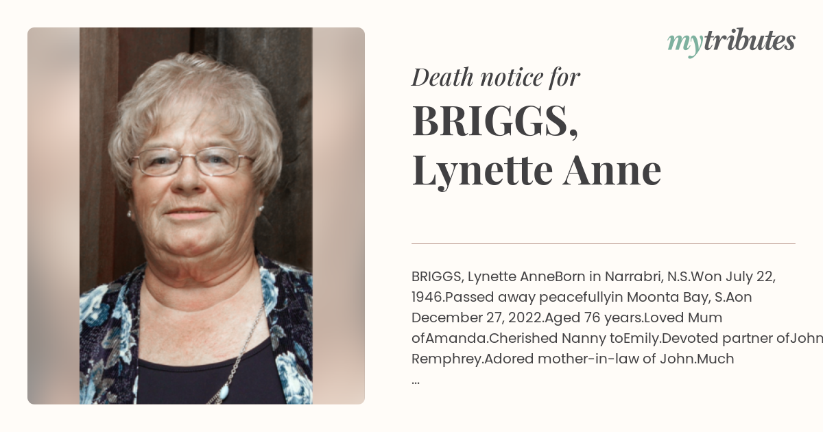 BRIGGS, Lynette Anne | Death Notices | Adelaide | My Tributes